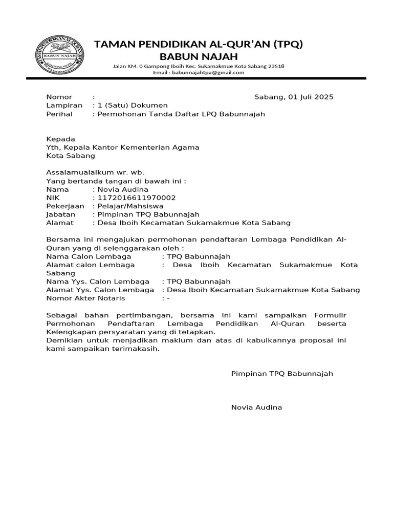 Kop Surat TPQ Babun Najah | PDF