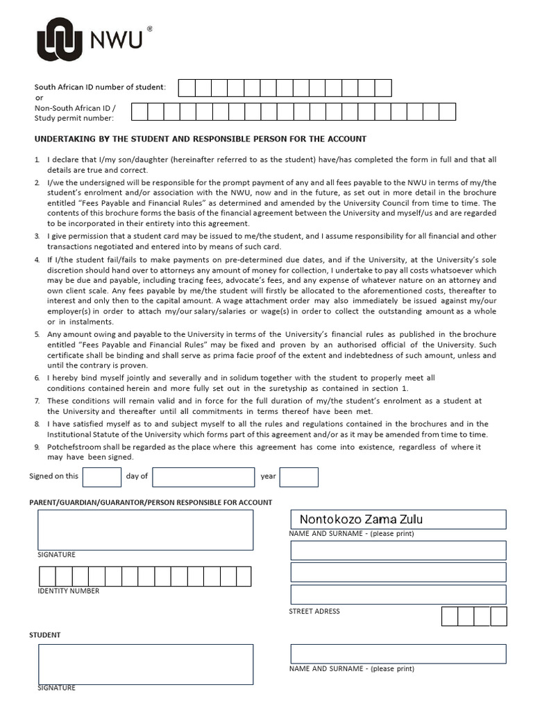 NWU Financial Undertaking Form 2025 | PDF | Salary | Fee