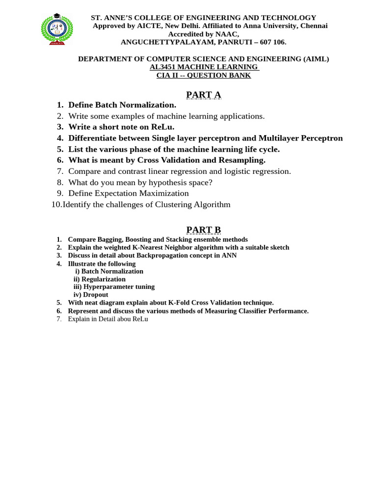 Al3451 Machine Learning CIA II Question Bank | PDF