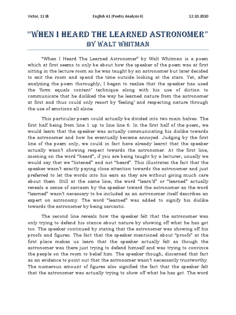 'When I Heard The Learned Astronomer' by Walt Whitman | Download Free ...