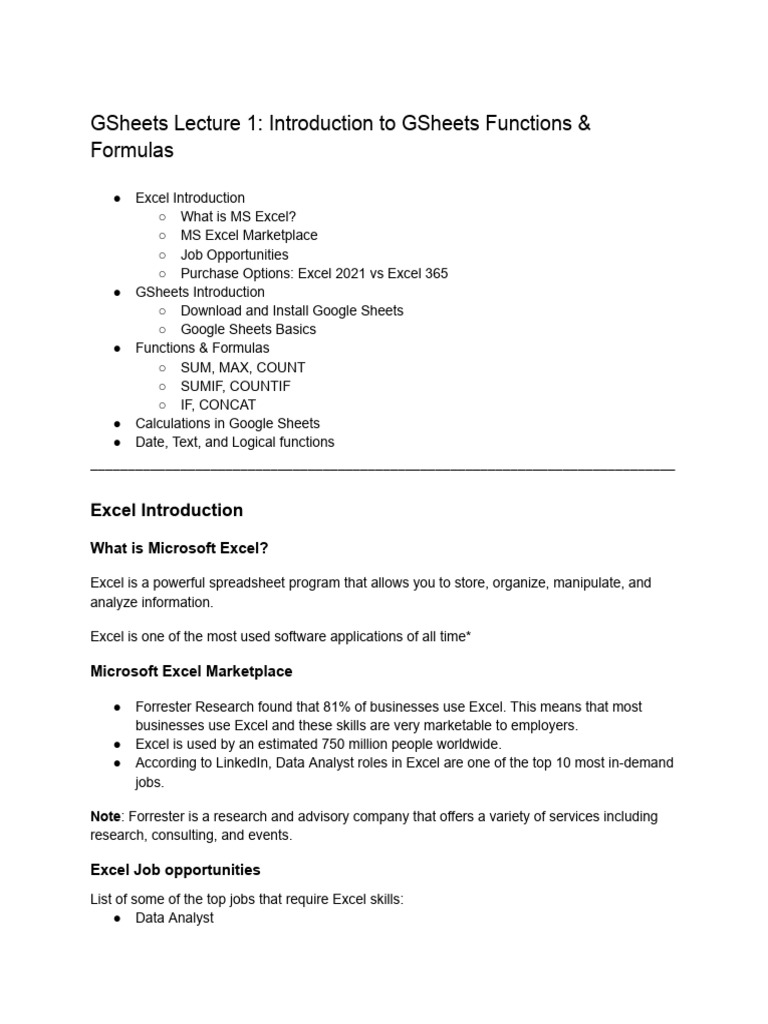Google Sheets Lecture Note - 1 | PDF | Microsoft Excel | Computing