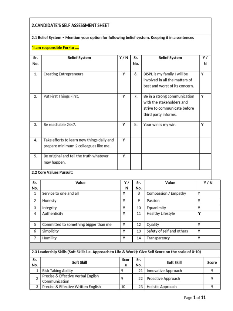 Candidate Self-Assessment Sheet | PDF | Recruitment | Human Resources