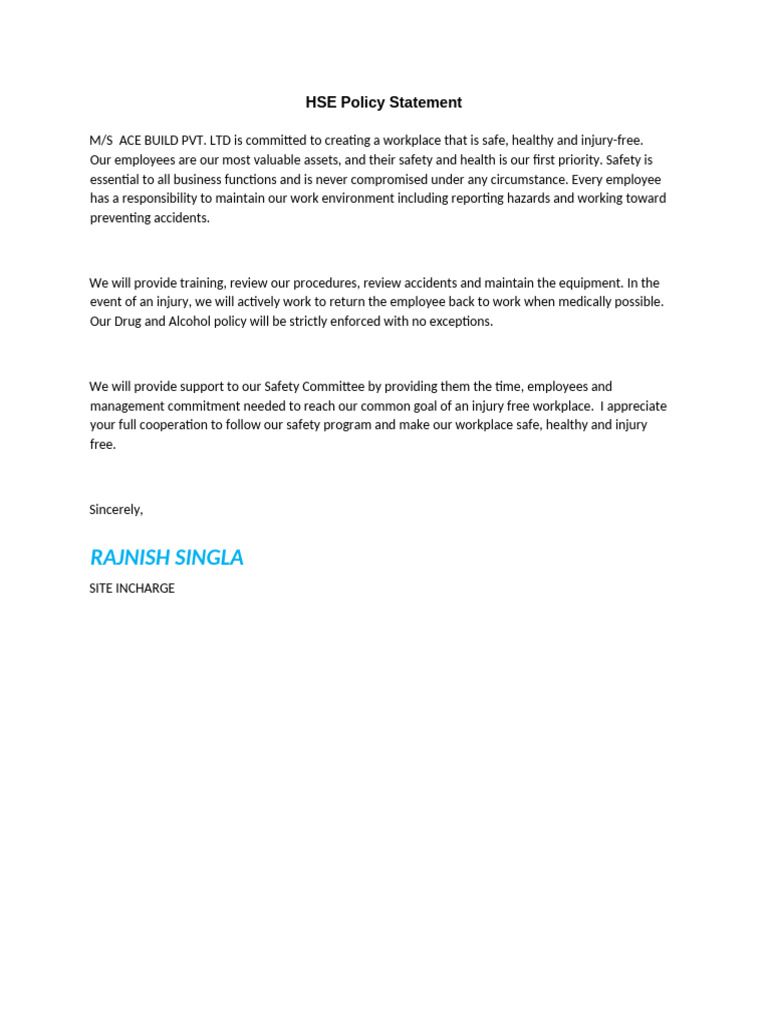 Rajnish Singla: HSE Policy Statement | PDF