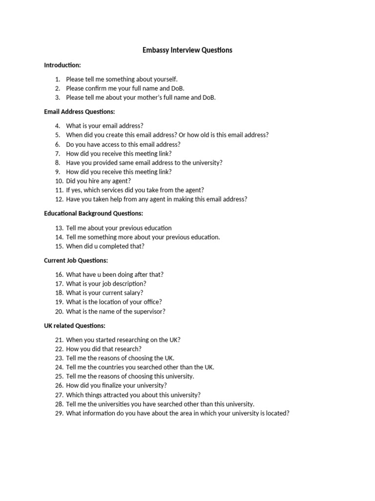 US Embassy Interview Question Guide | PDF | Fee | Salary