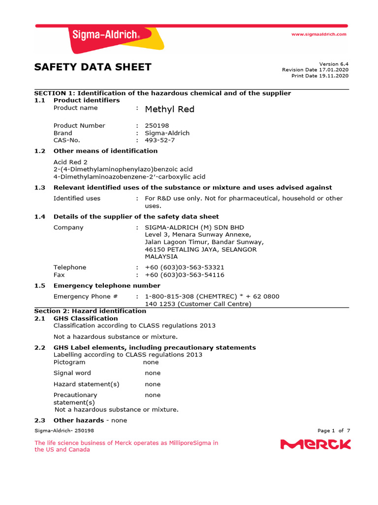 Methyl Red Safety Data Sheet | PDF | Dangerous Goods | Toxicity
