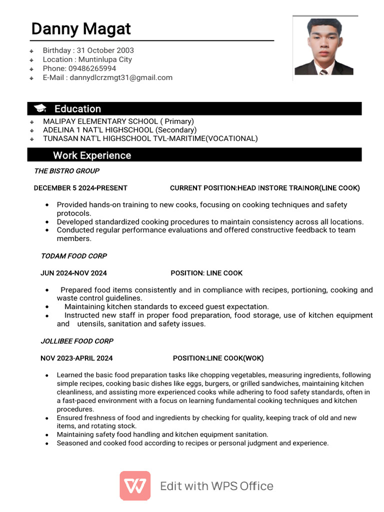 Culinary Training and Work Experience | PDF