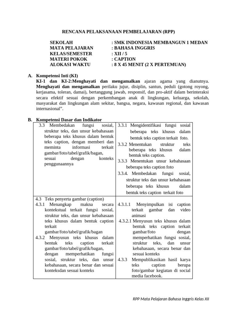 RPP Bahasa Inggris: Teks Caption Kelas XII | PDF