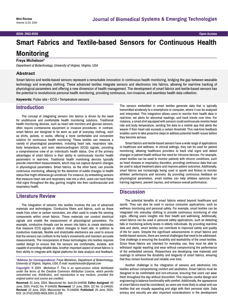 Smart Fabrics and Textilebased Sensors For Continuous Health Monitoring ...