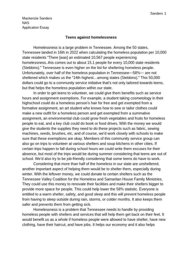 Teens Against Homelessness - NAS Essay | PDF | Homelessness