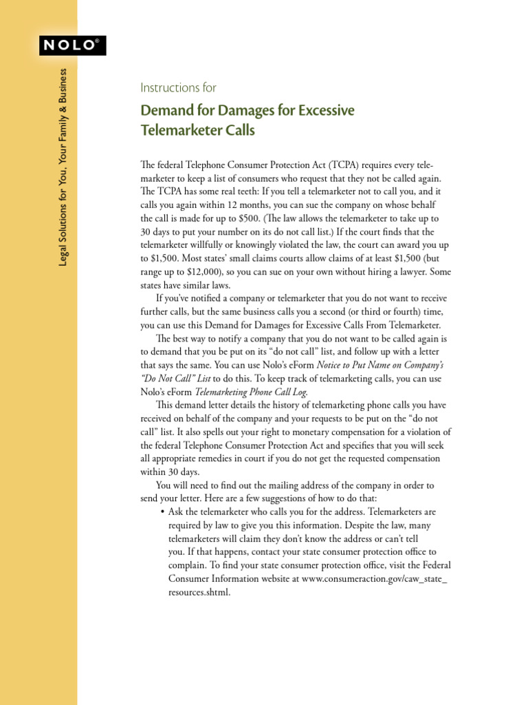 Demand For Damages For Excessive Telemarketer Calls - Instructions | PDF