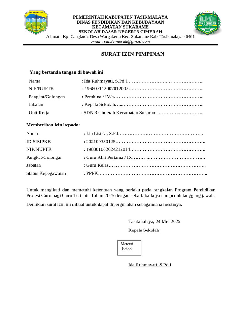 Surat Ijin Kepala Sekolah LIA | PDF
