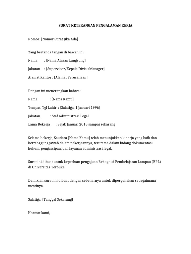 Surat Pengalaman Kerja RPL UT | PDF