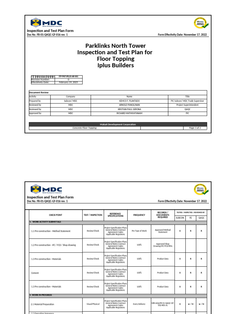 Concrete Floor Topping ITP | PDF | Building Engineering | Engineering