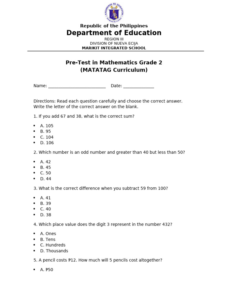 Math Grade2 PreTest DepEdClick | PDF | Mathematics