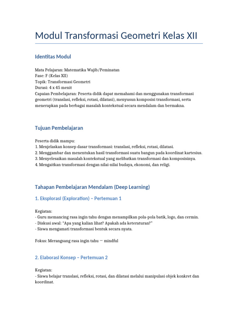 Modul Transformasi Geometri Kelas 12 | PDF