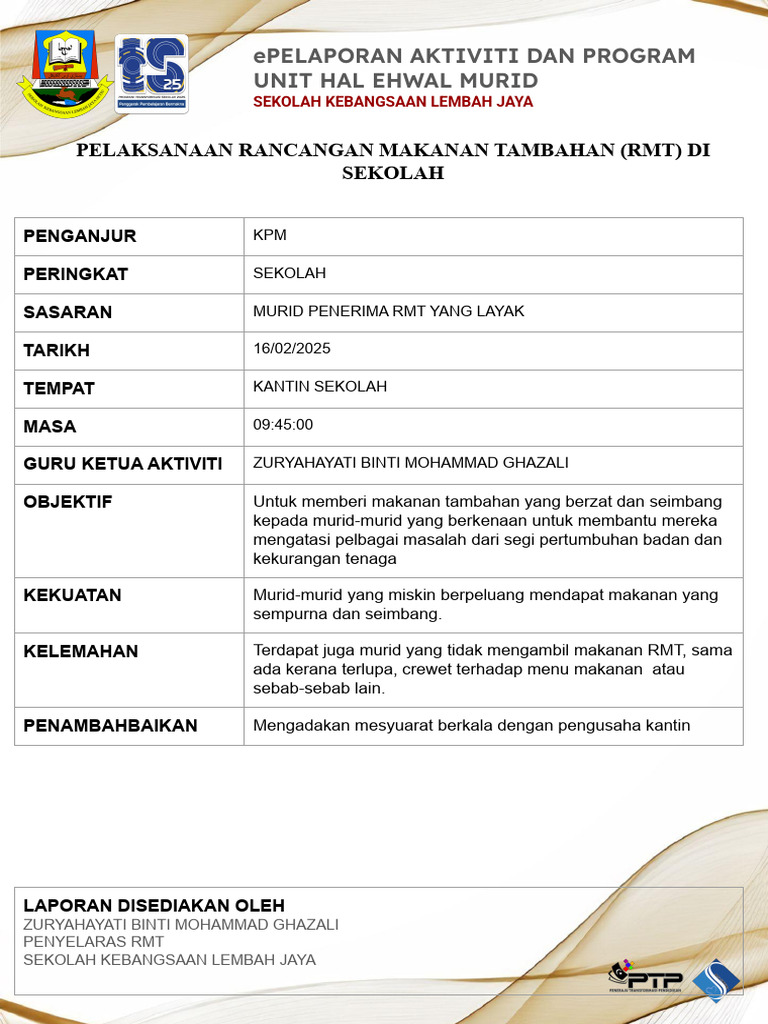 E-Pelaporan Pelaksanaan Rancangan Makanan Tambahan (RMT) Di Sekolah | PDF