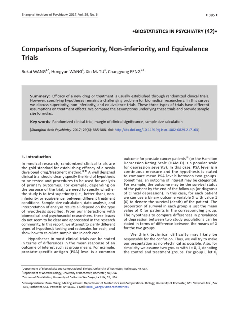 Comparisons of Superiority, Non-Inferiority, and Equivalence Trials ...
