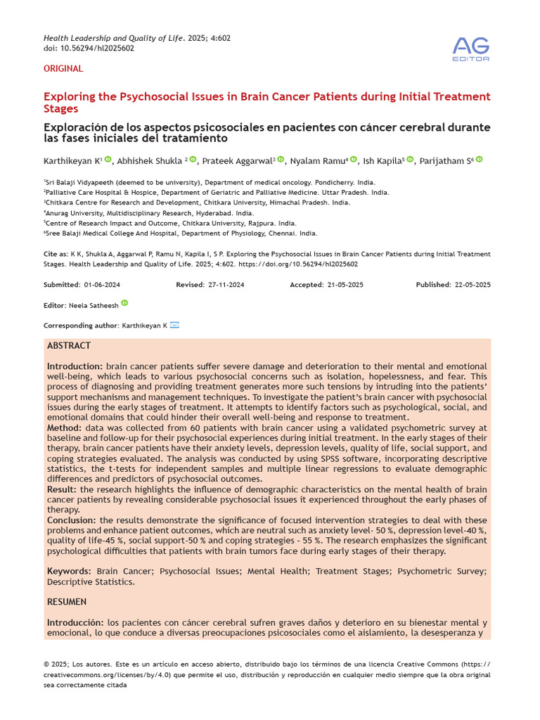 Psychosocial Issues in Brain Cancer Patients | PDF | Brain Tumor | Cancer