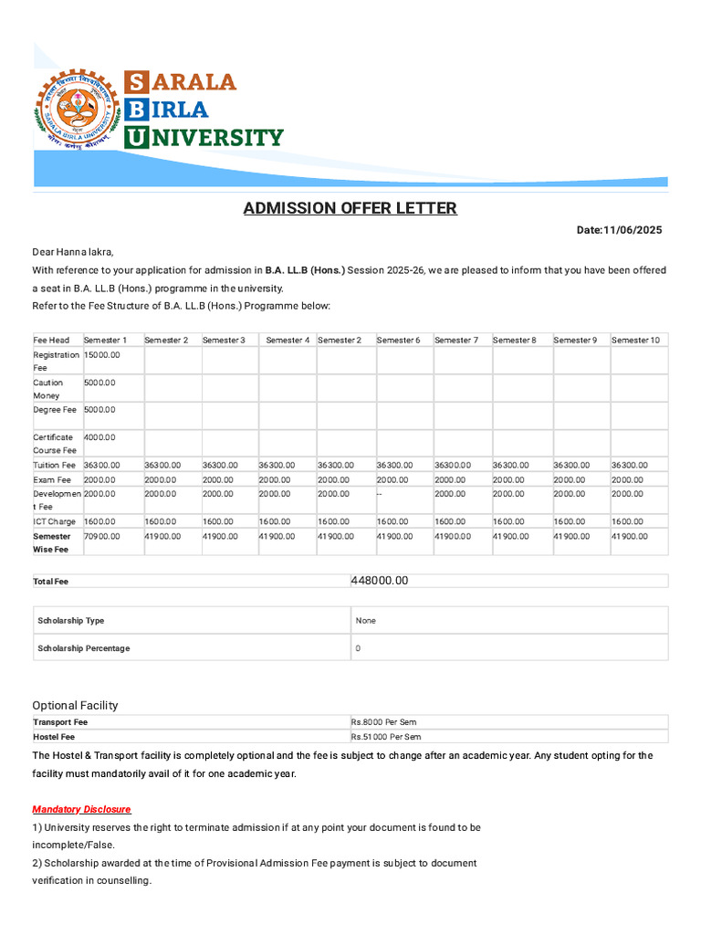 B.A. LL.B Admission Offer Letter 2025-26 | PDF | Fee