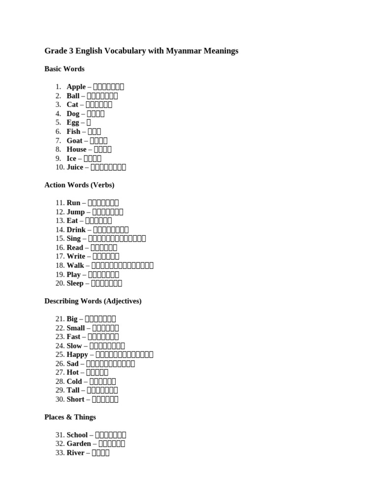 Grade 3 English Vocabulary With Myanmar Meanings | PDF