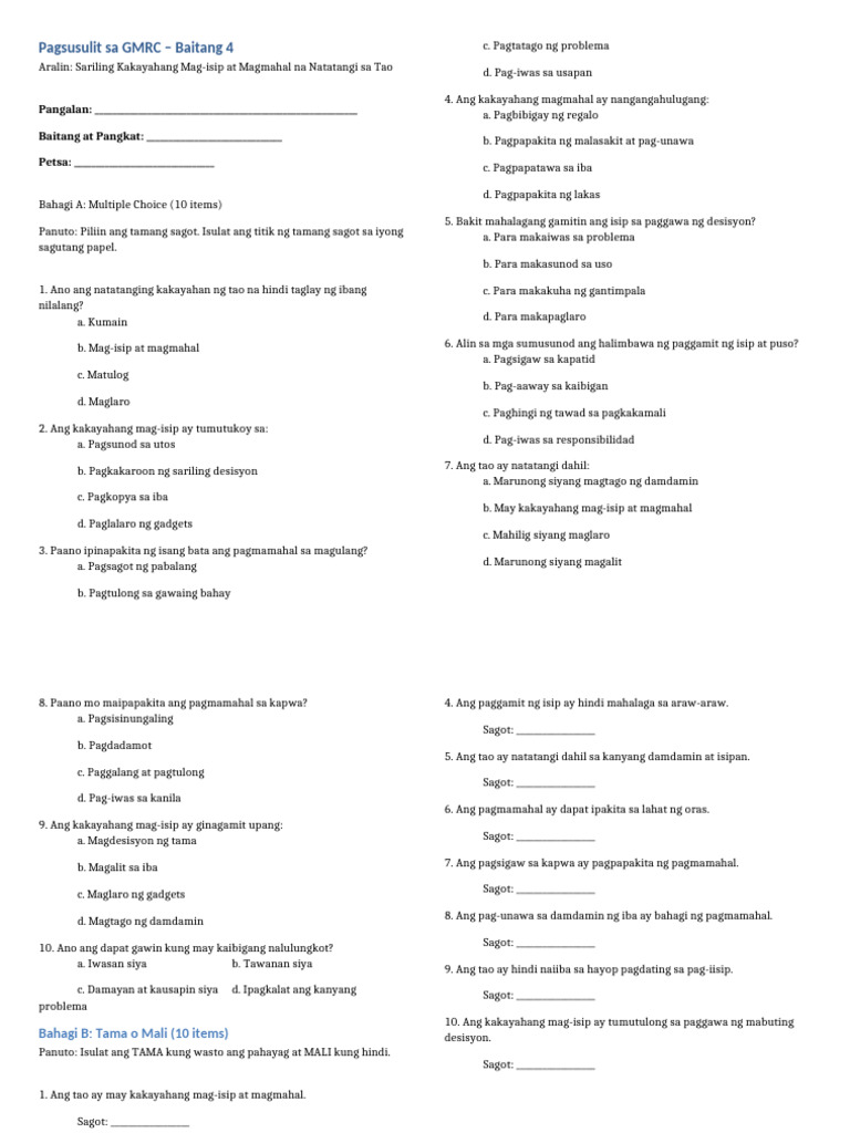 GMRC - Grade4 - Pagsusulit W1Q1 | PDF