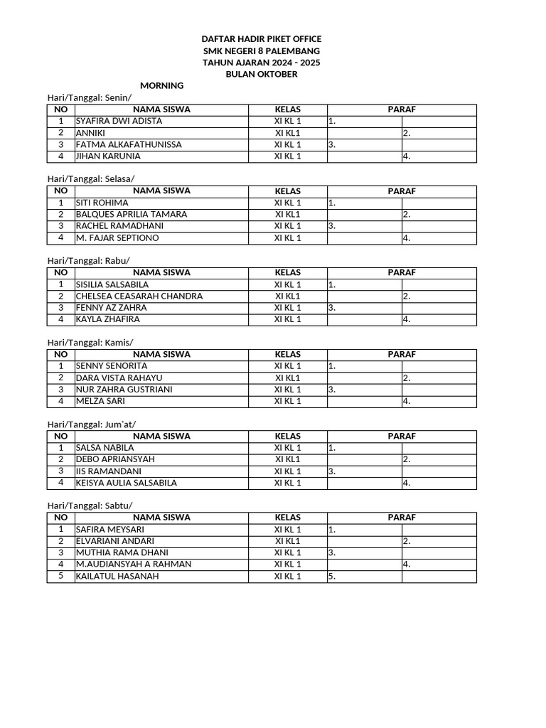 Daftar Hadir Piket Office SMK 2024-2025 | PDF