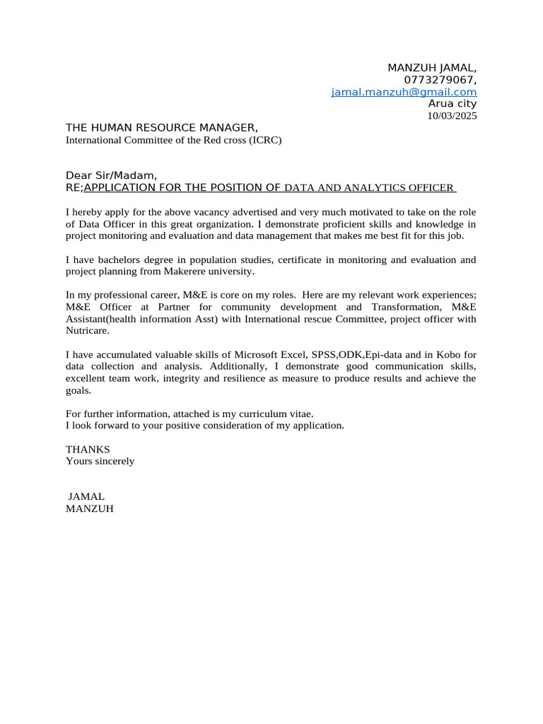 Cover Letter - (ICRC) Manzuh Jamal | PDF