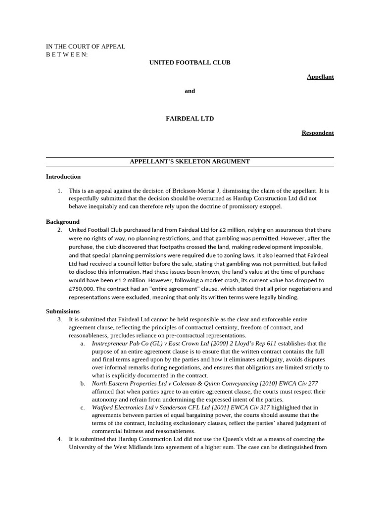 United FC Appeal Skeleton Argument | PDF | Estoppel | Civil Law (Legal ...