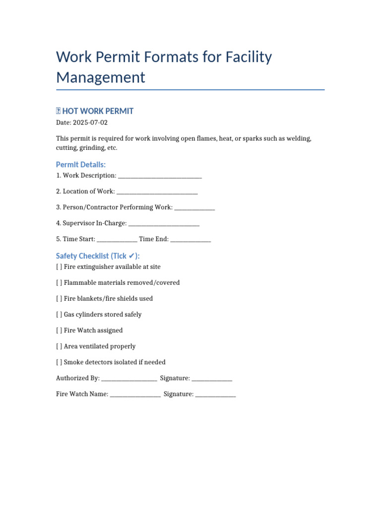 Hot and Cold Work Permit Formats | PDF