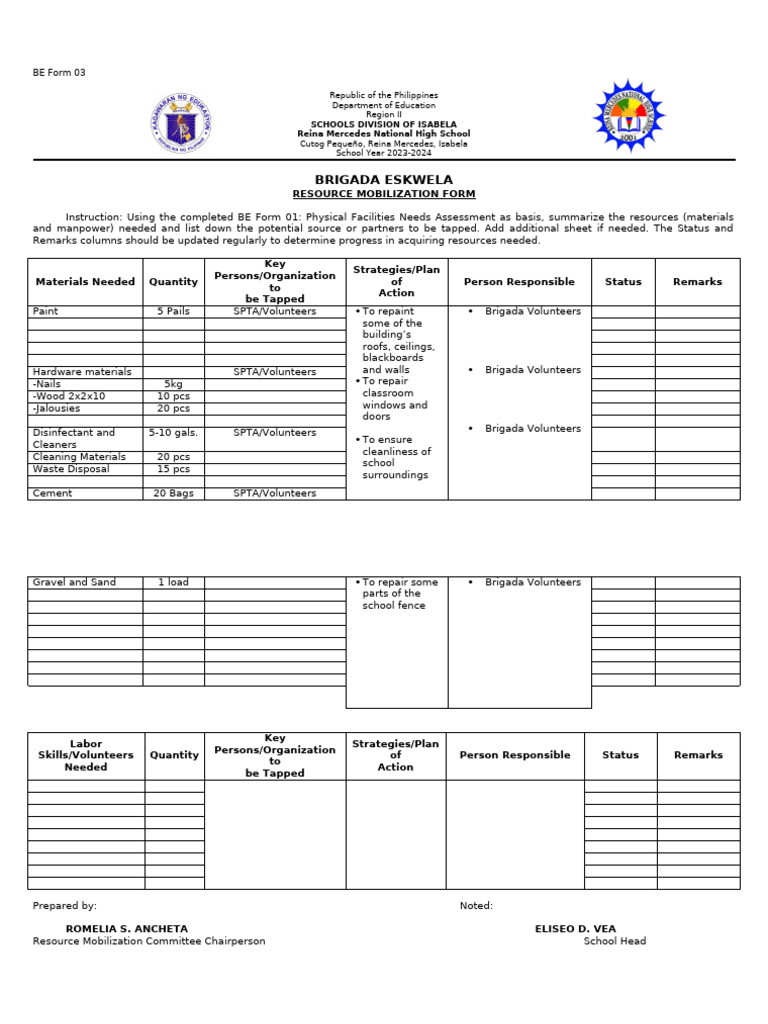 BE Form 3 RESOURCE MOBILIZATION FORM 1 1 | PDF | Waste | Materials