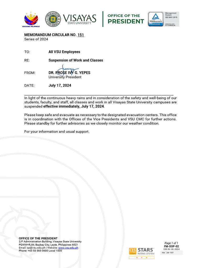 OP Memo Circular 151 Series of 2024 Re Suspension of Work and Classes | PDF