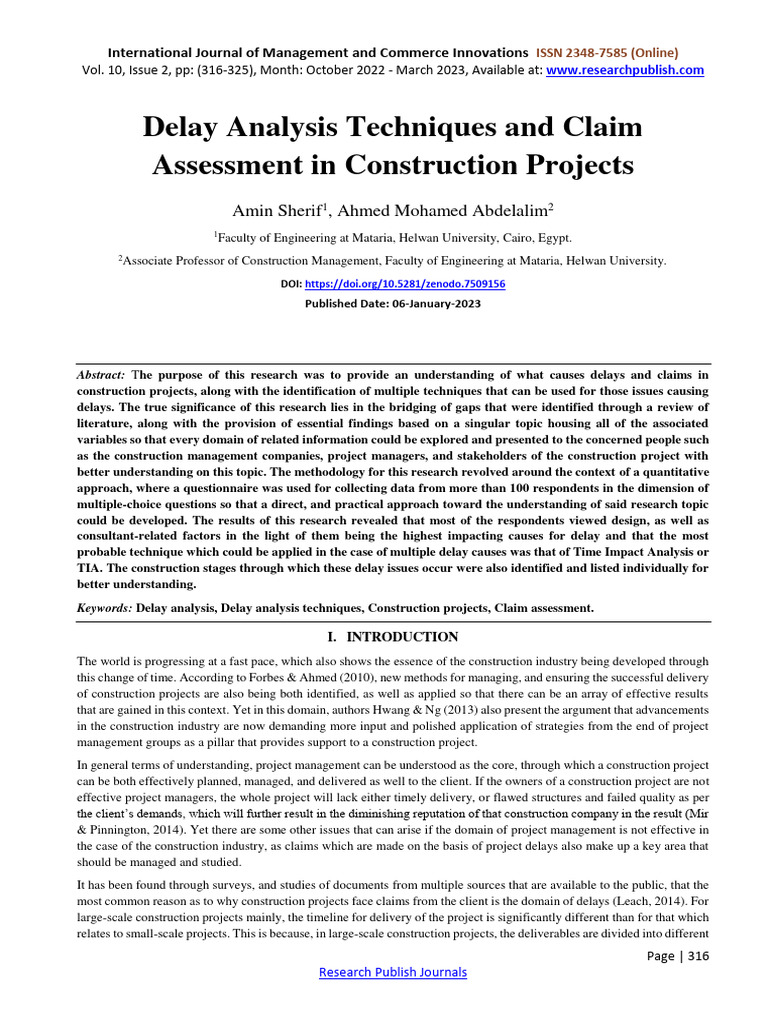 Delay Analysis Techniques in Construction | PDF | Methodology | Project ...