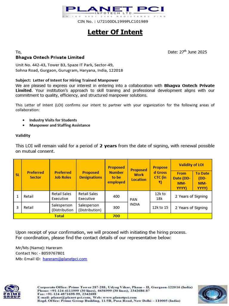 Planet PCI Infotech Pvt. Ltd. (LOI) - With Bhagva Ontech Pvt. Ltd. | PDF