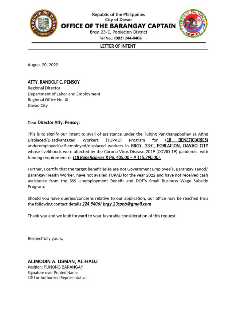 Letter of Intent to Avail Tupad | PDF | Industrial Relations | Business