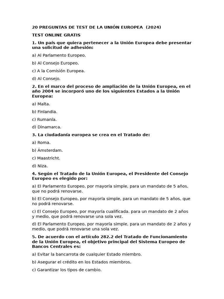 Test de 20 Preguntas sobre la UE 2024 | PDF | Estado miembro de la ...
