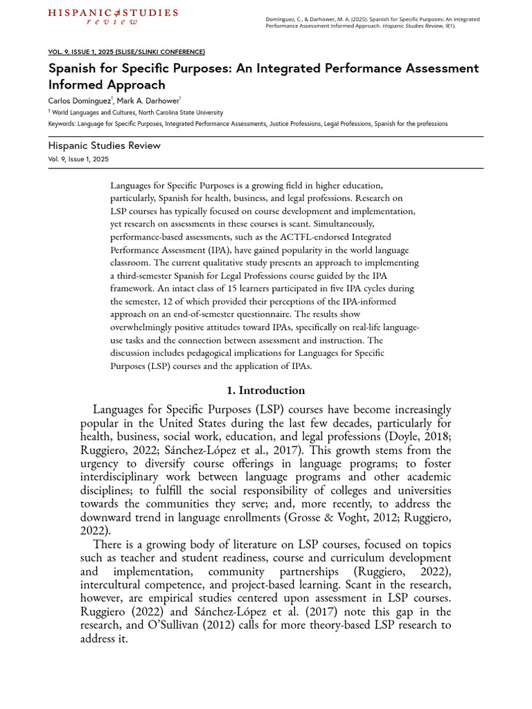 Spanish For Specific Purposes An Integrated Performance Assessment ...