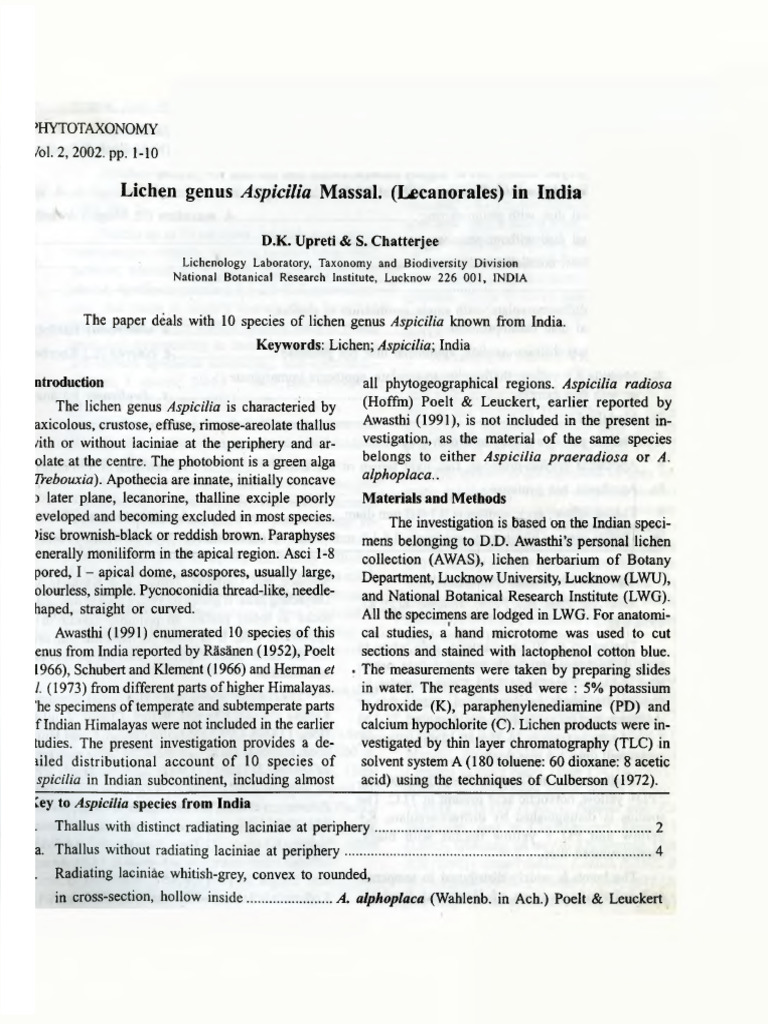 1-10 Lichen Genus Aspicilia Massal (Lecanorales) in India | PDF | Mycology