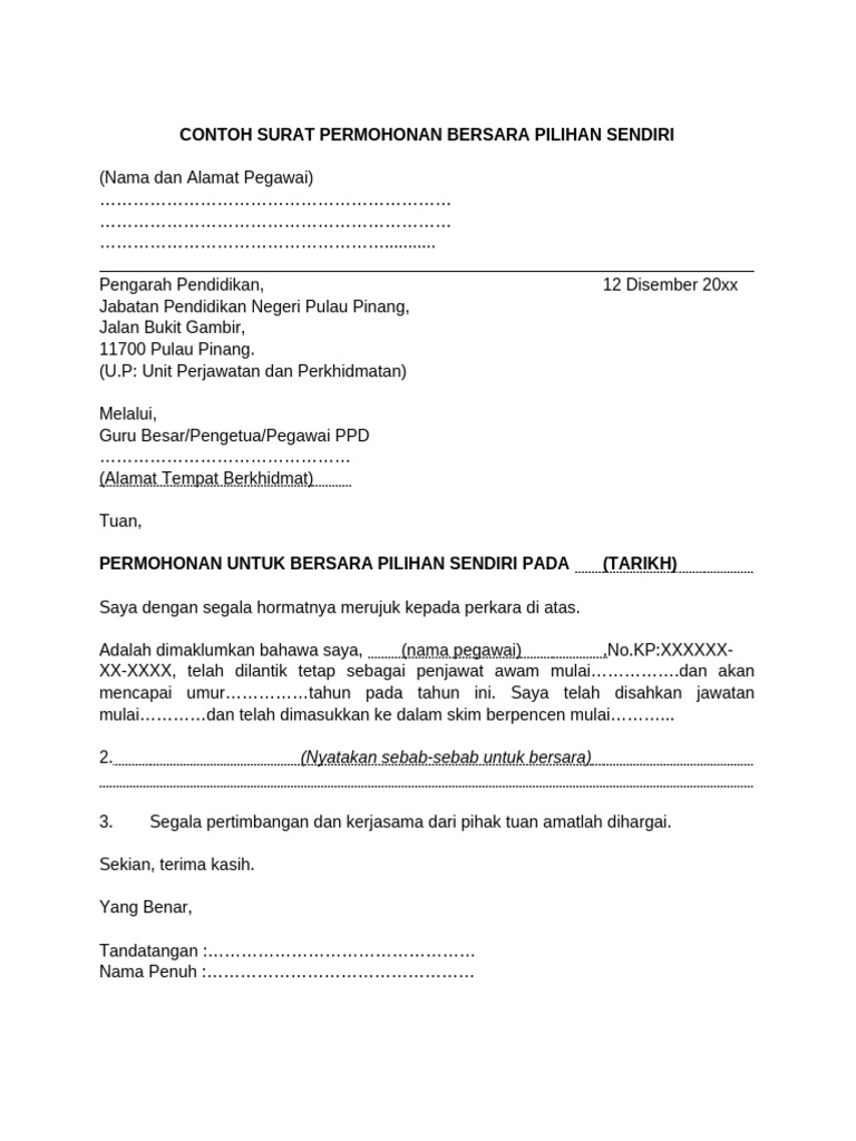Contoh Format Surat Permohonan Bersara Pilihan | PDF