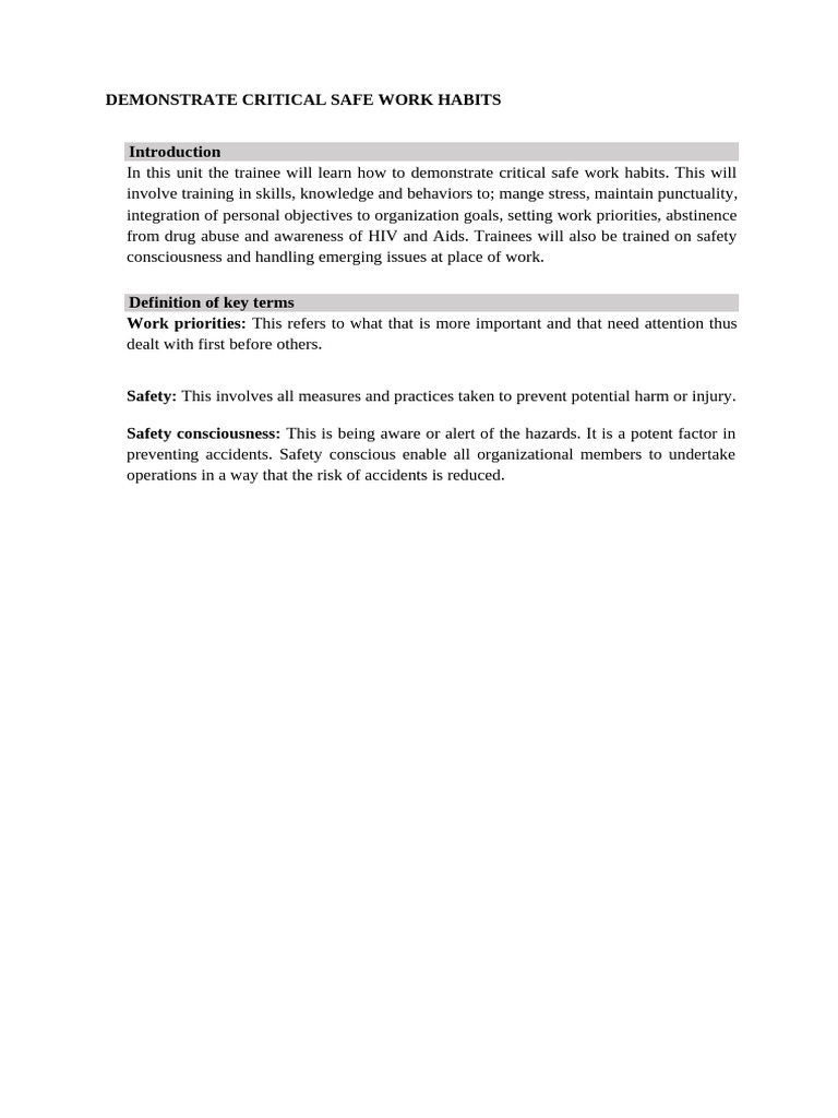 Demonstrate Critical Safe Work Habit 01 | PDF | Hiv | Hiv/Aids