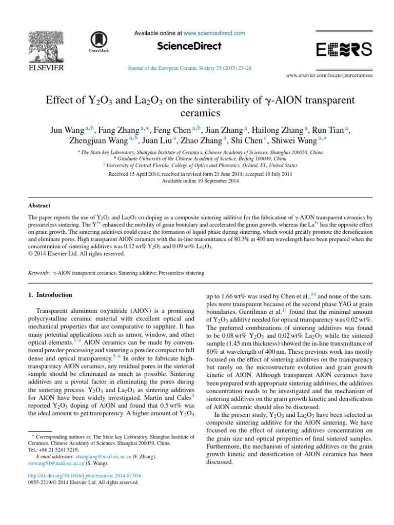 Y2O3 and La2O3 Effects on AlON Ceramics | PDF | Sintering | Ceramics