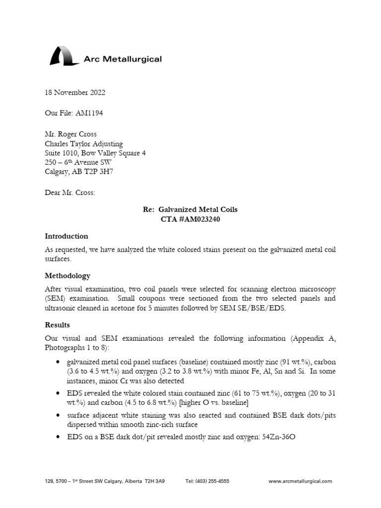 AM1194 Galvanized Metal Coils (CTA #AM023240) - Report | PDF ...