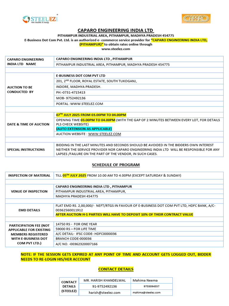 Caparo Enginerring India LTD Pithampur 07th July 2025 | PDF | Auction