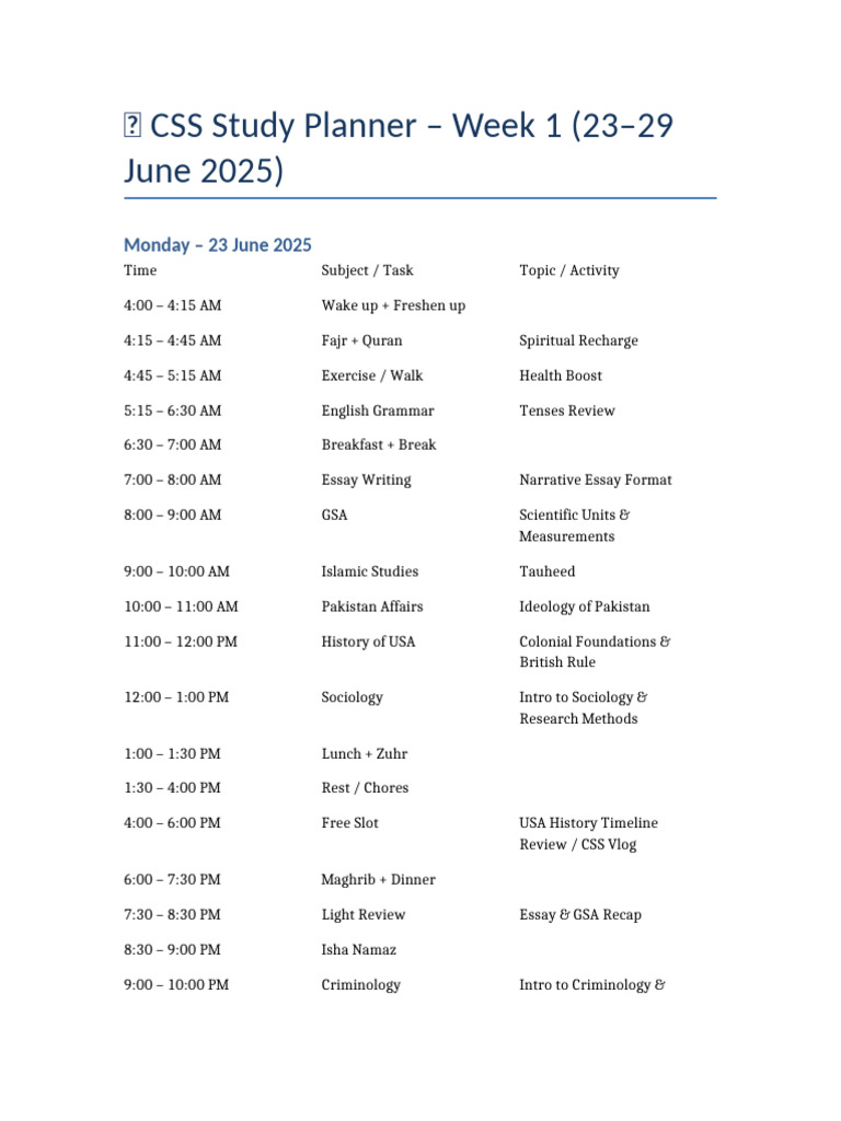 CSS Study Plan Week1 Monday | PDF