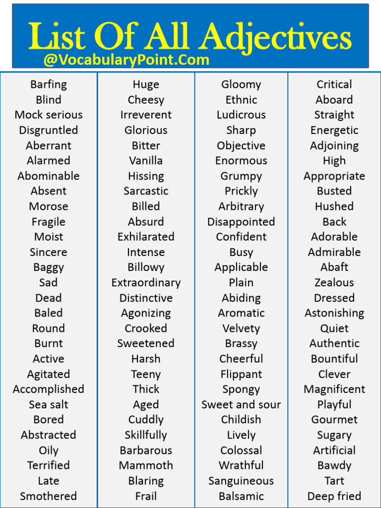 Comprehensive List of Adjectives | PDF
