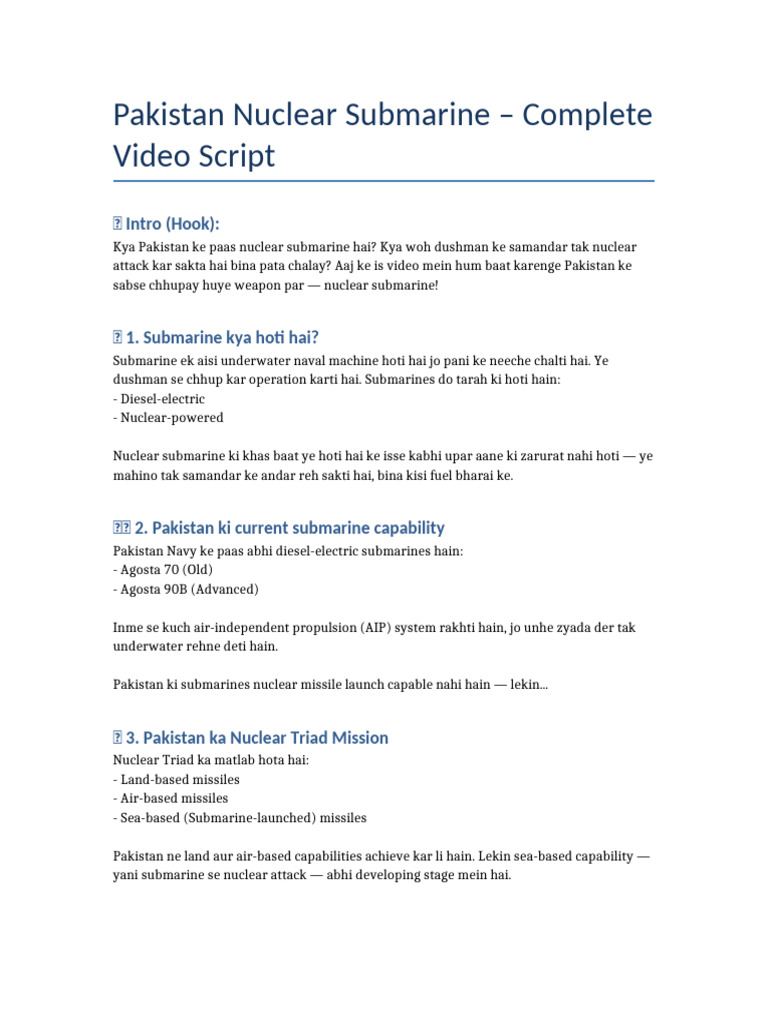 Pakistan Nuclear Submarine Video Script | PDF | Submarines | Naval Warfare
