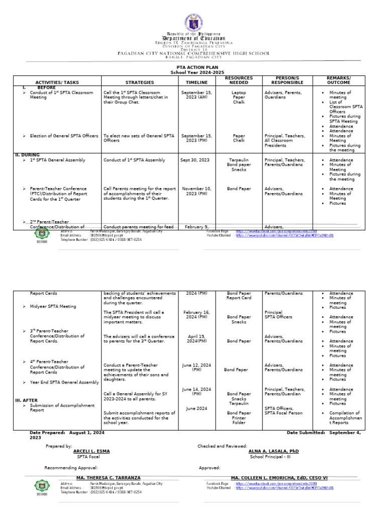 PTA Action Plan for School Year 2024-2025 | PDF | Educational ...