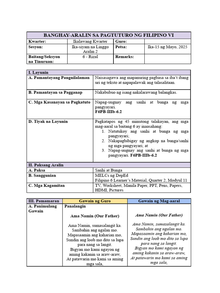 4A Lesson Plan Filipino G6 | PDF