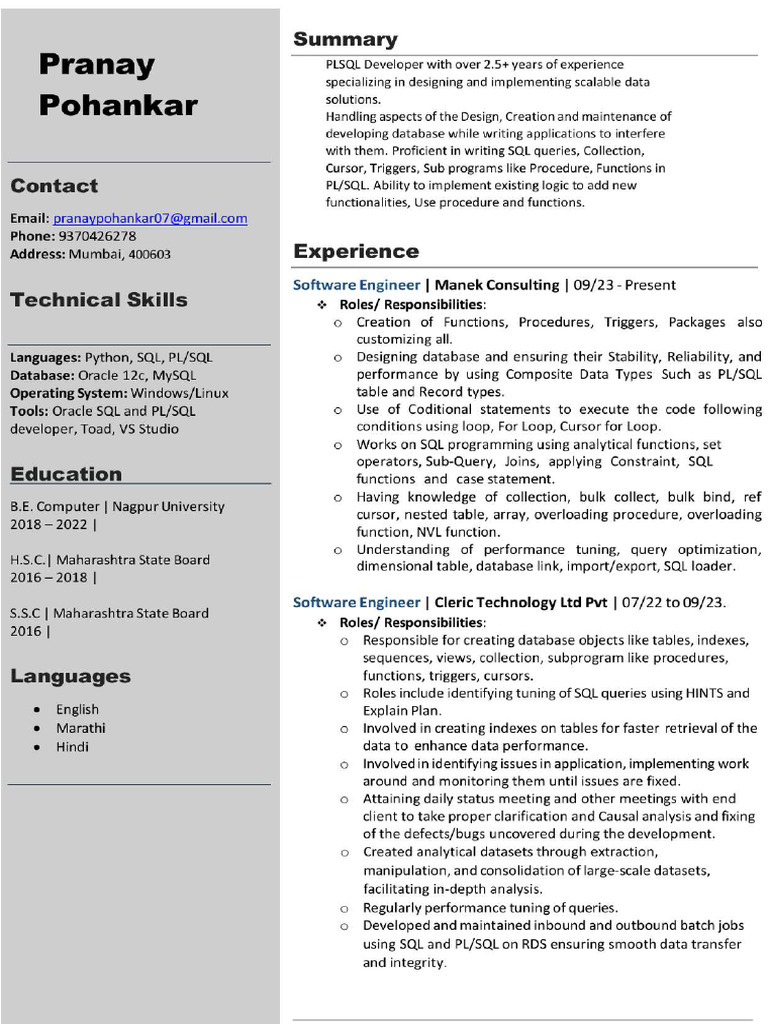 Pranay Pohankar Resume PLSQL | PDF