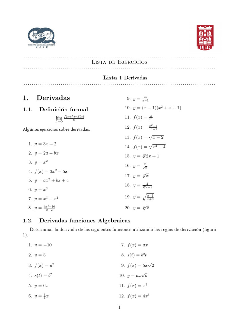 Lista 1 Derivadas | PDF | Análisis complejo | Trigonometría