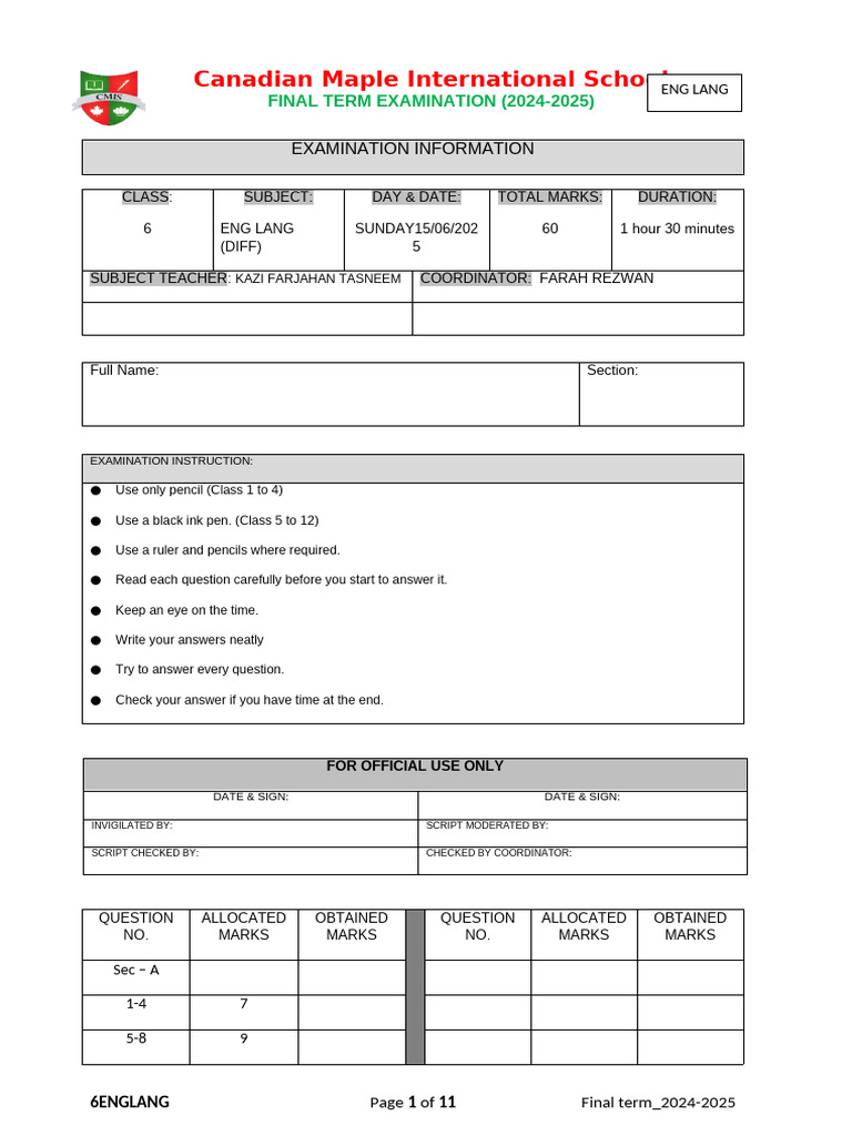 Grade 6 Englang Final DIFF Term Paper T2 2025 | PDF | Verb | Fisherman